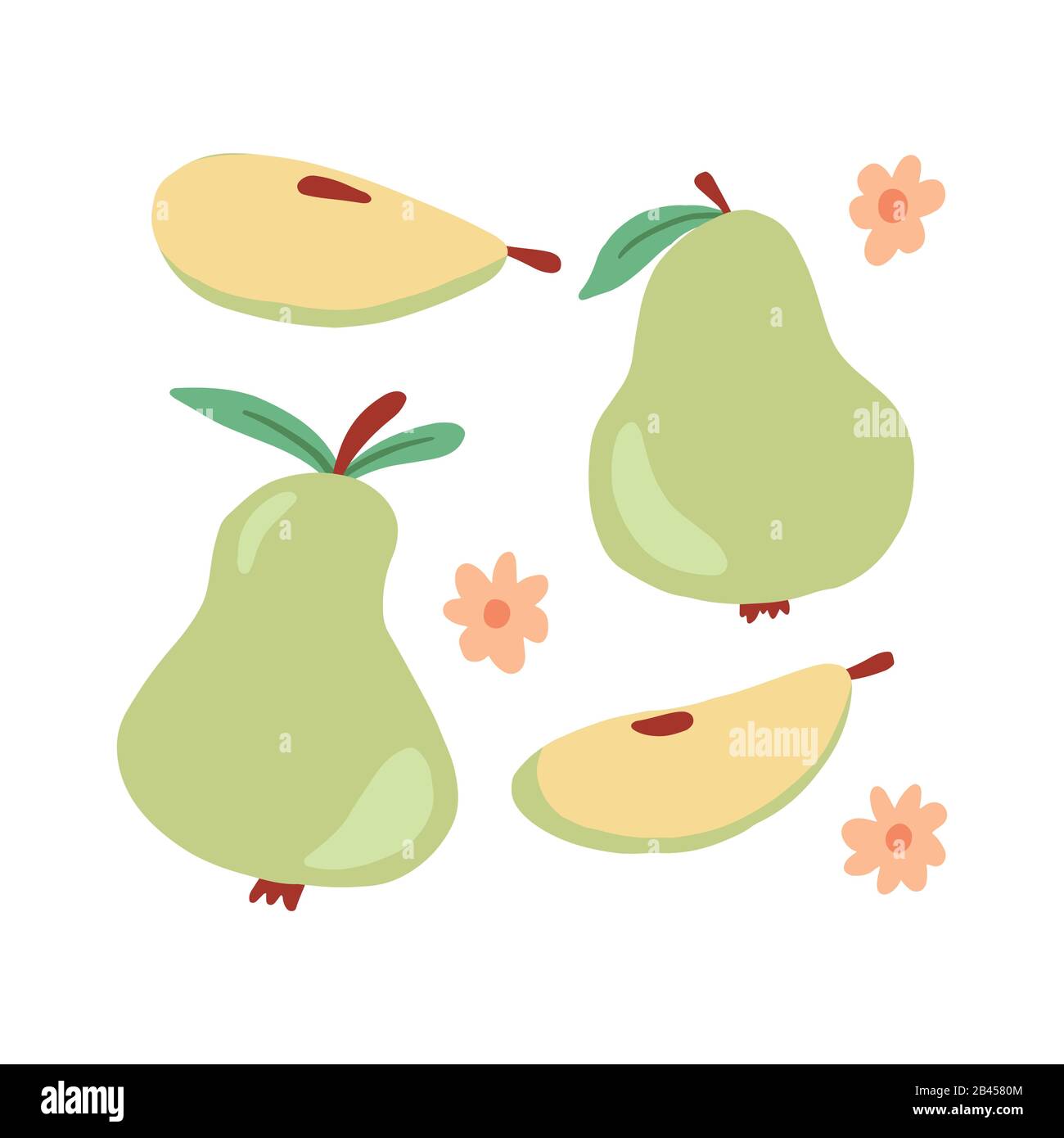 Pear of green color with leaf. Cartoon hand drawn style. Isolated pear ...