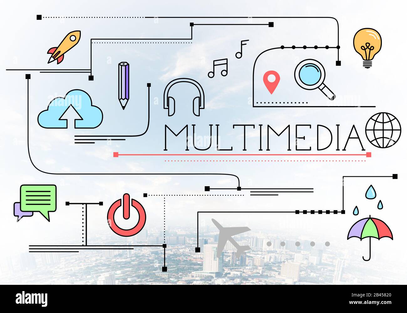 Multimedia content linear sketch with media signs Stock Photo - Alamy