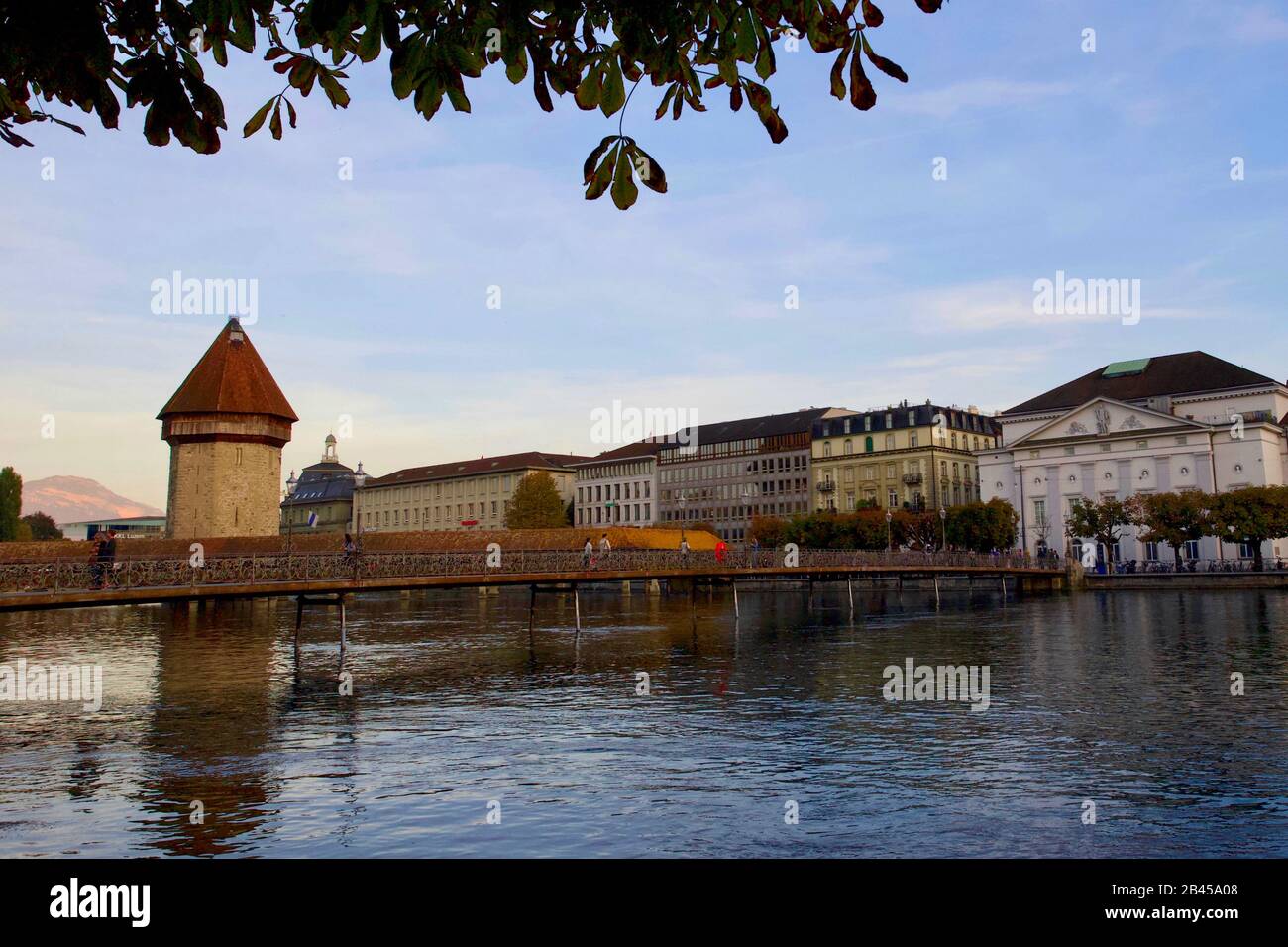 View of the Reuss River, Water Tower & Rathaussteg & Chapel Bridges ...