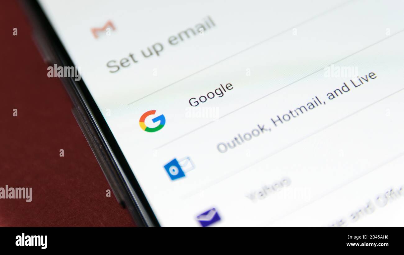 CLUJ, ROMANIA - NOV 06, 2019: Set up email closeup on an Android ...