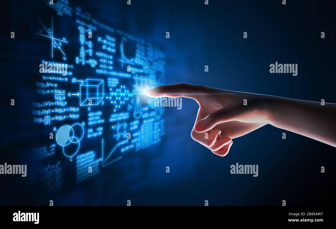 3d rendering human finger point at math formula and calculations ...