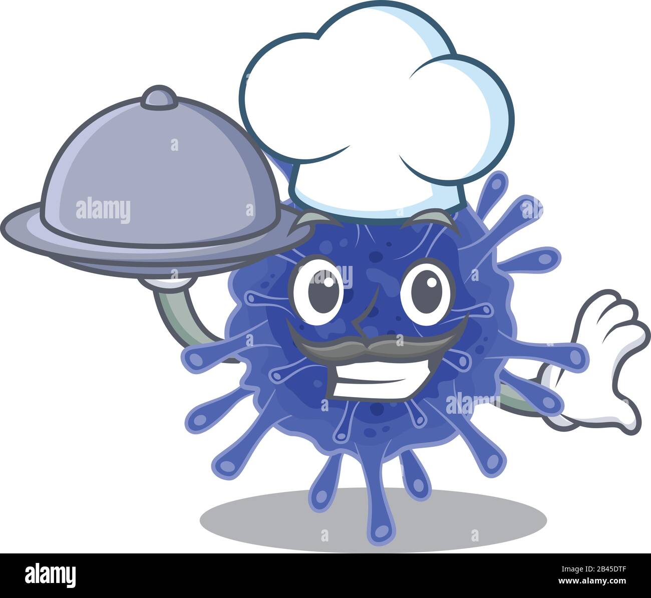 Bacteria coronavirus as a chef cartoon character with food on tray ...