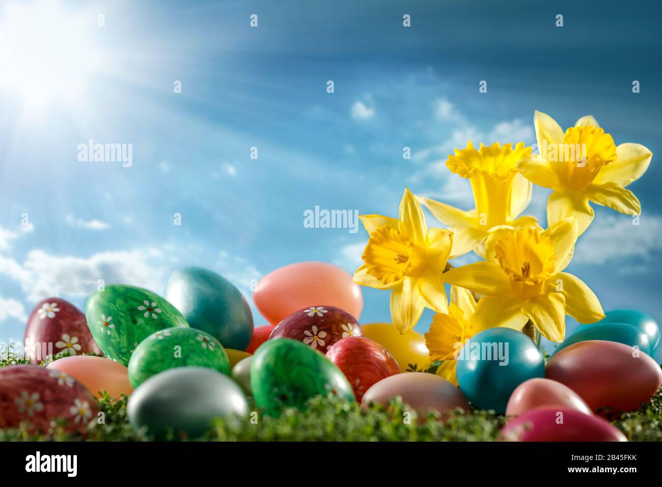 Colorful and bright Spring composition and table background with space ...