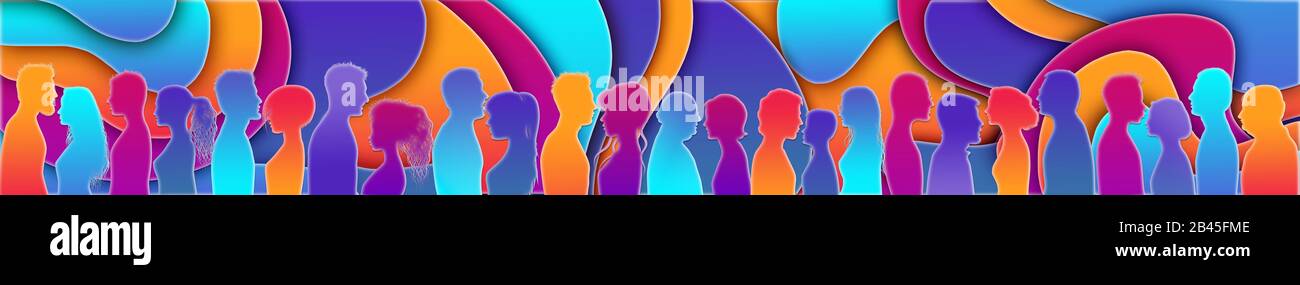 Talking crowd. Dialogue diversity people. Colored silhouette profiles ...