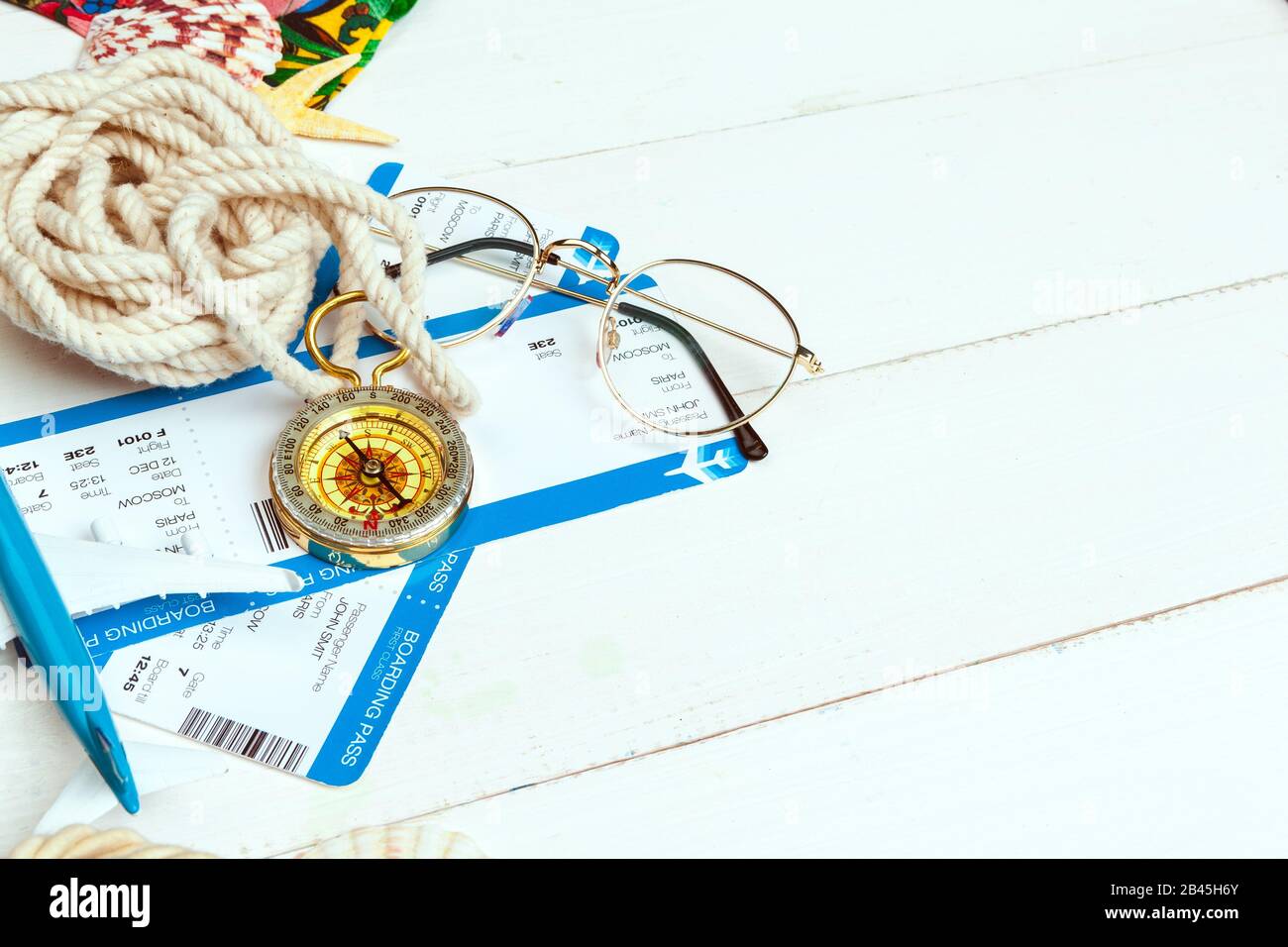 Time to Travel. Idea for tourism with tickets and compass Stock Photo ...