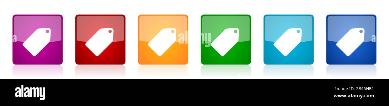 Label ticket icon set, colorful square glossy vector illustrations in 6 ...