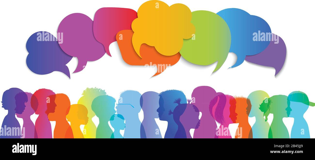 Silhouette group of modern children in rainbow colored profile ...