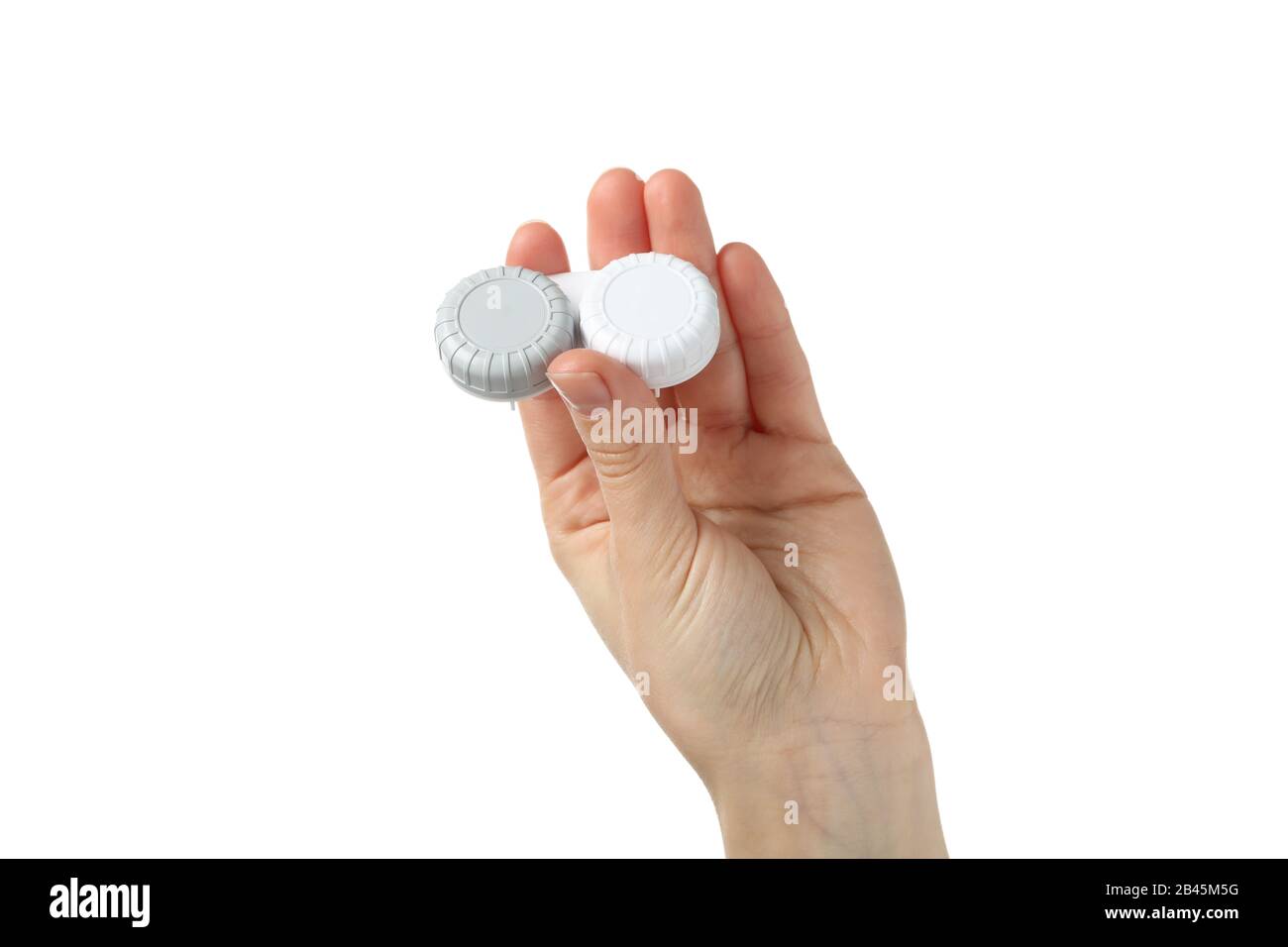 Female hand holds case for contact lenses, isolated on white background ...