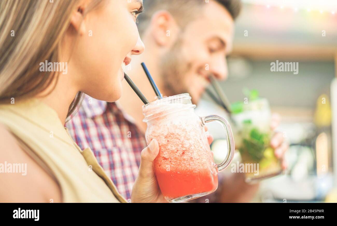Happy friends toasting cocktails in miami lounge disco bar - Young ...