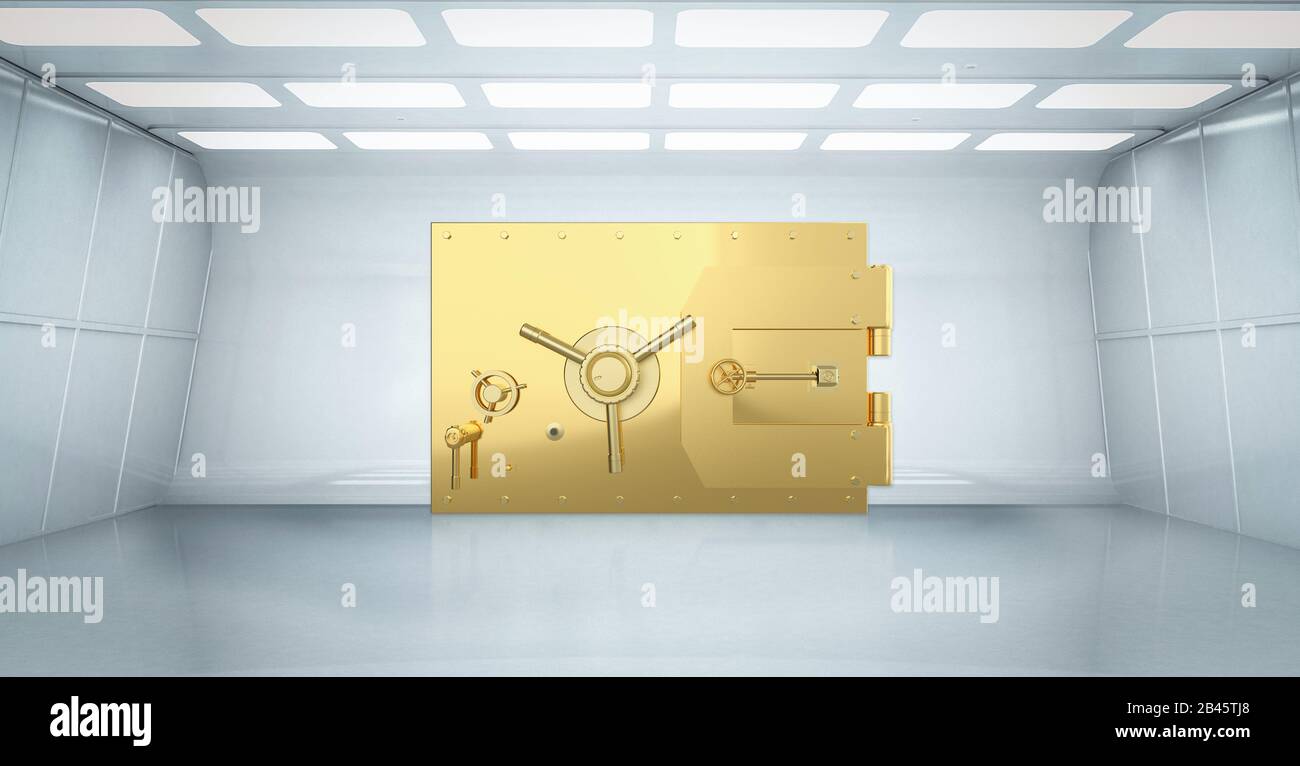 3d rendering interior bank vault with golden door closed Stock Photo - Alamy