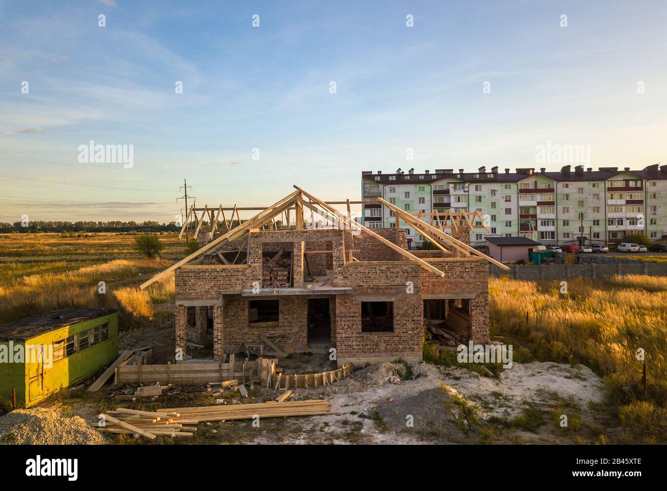 Private residential house with wooden roof frame structure under ...