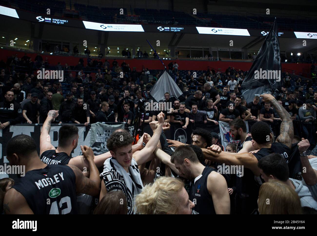 Belgrade, Serbia. 4th Mar, 2020. the players of KK Partizan celebrate ...