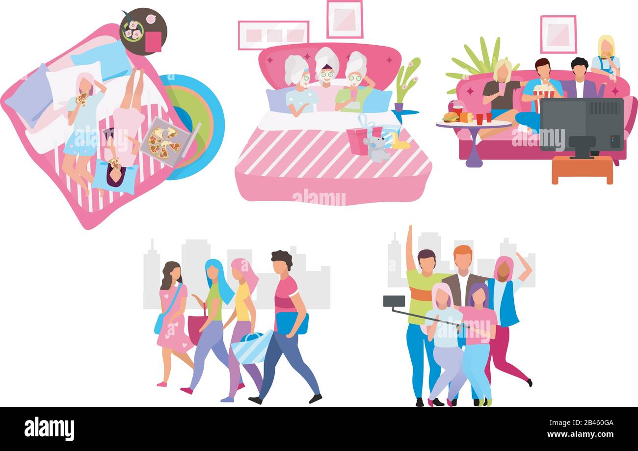 Friends group flat vector illustrations set. Young people spending time ...