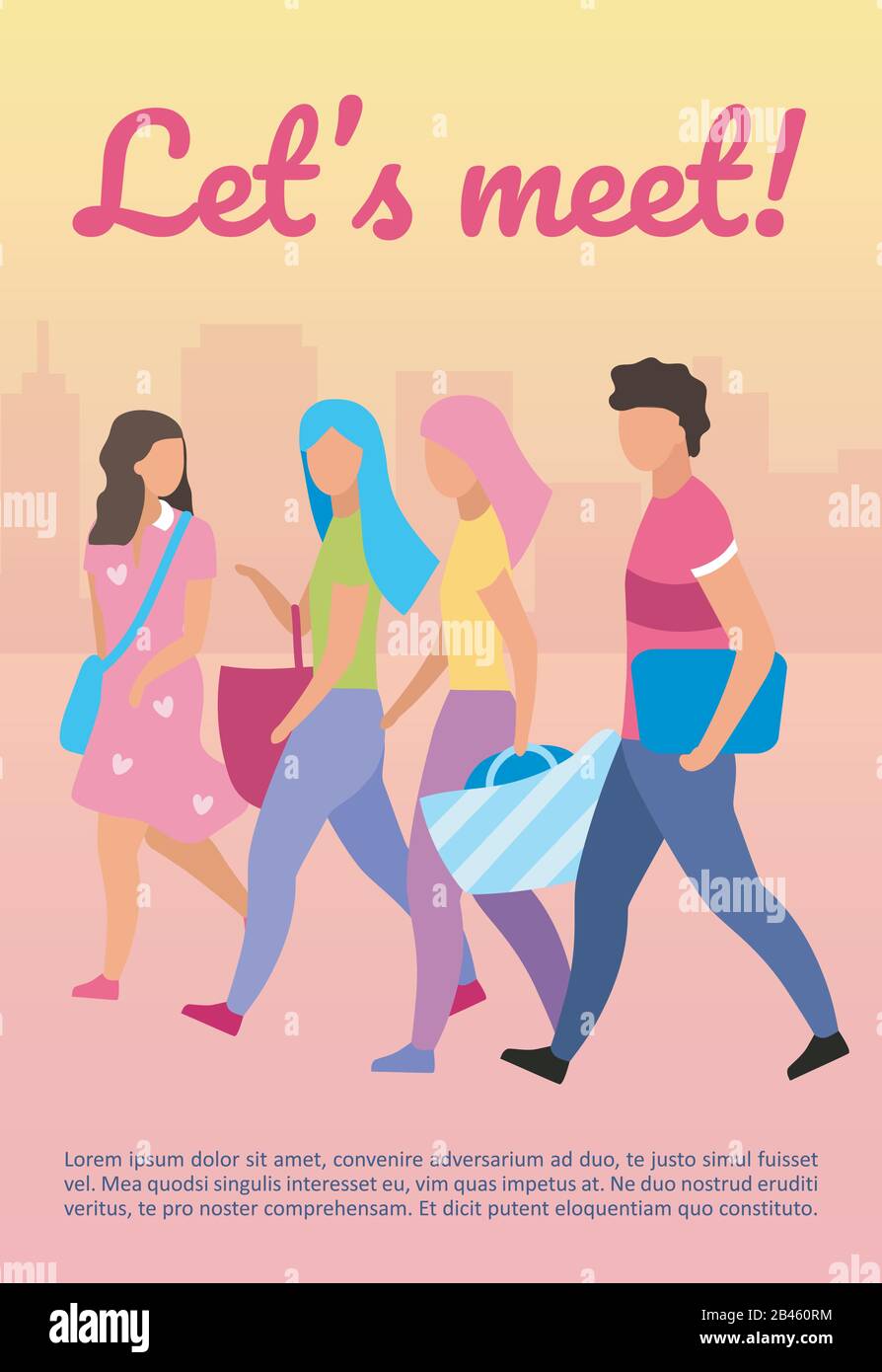 Friends spending time together brochure template. Let meet lettering ...
