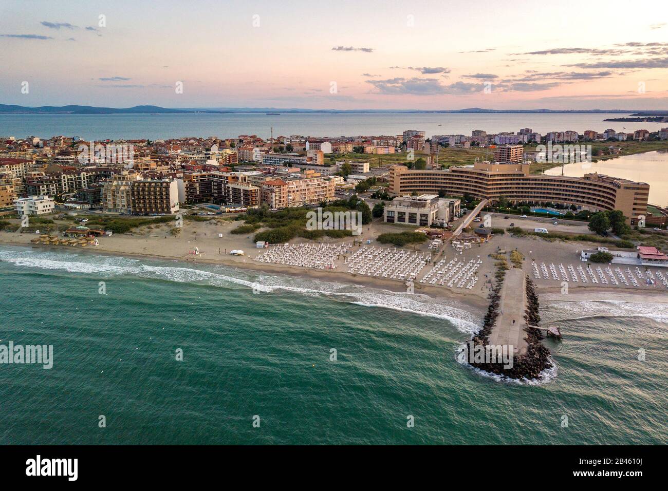 Aerial view of Pomorie city that is located on Black Sea shore. Top ...