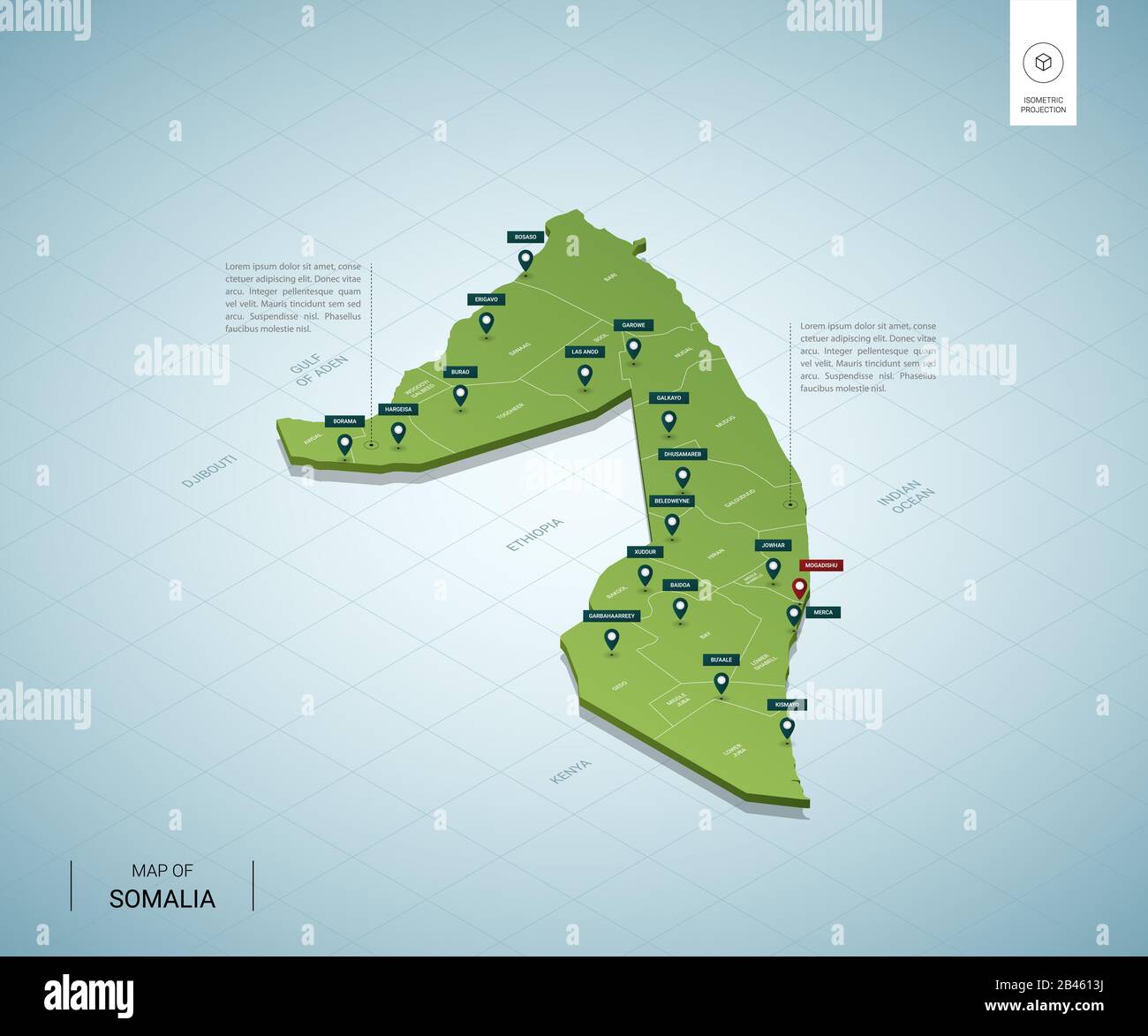 Stylized map of Somalia. Isometric 3D green map with cities, borders ...