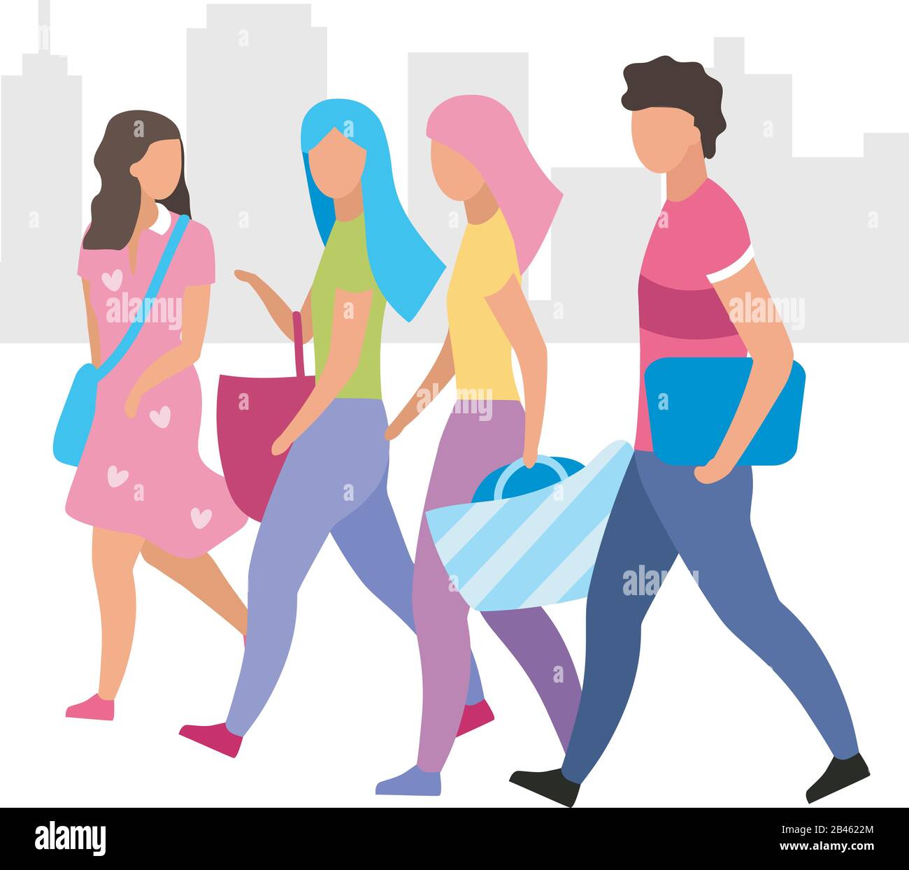 Group of people walking street flat vector illustration. Friends walk ...