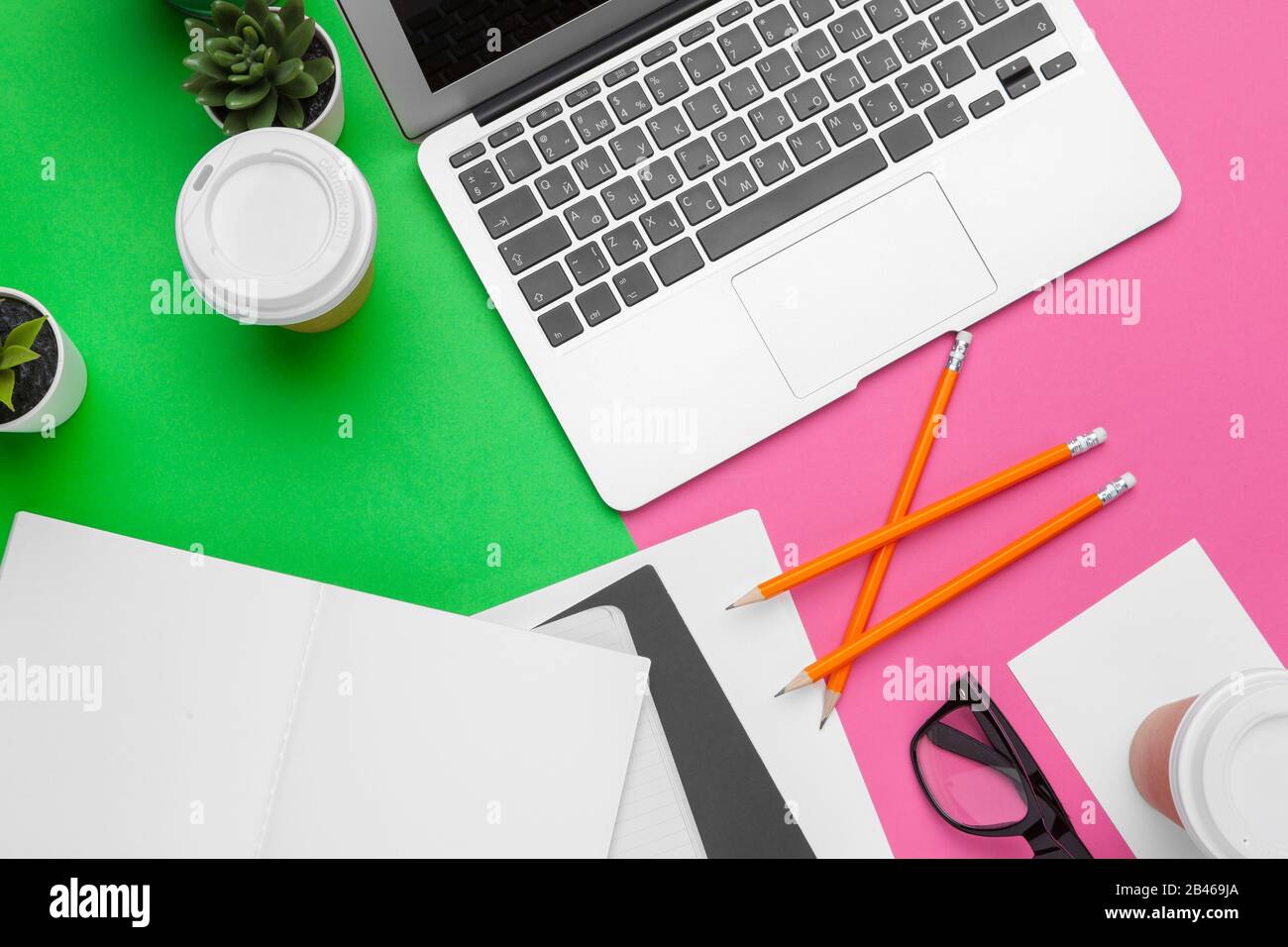 Table top view aerial image of accessories office desk background ...