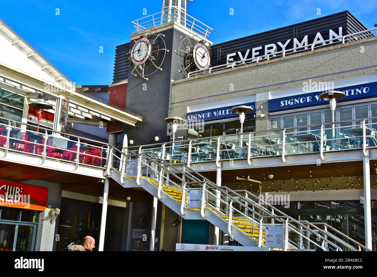 Steps lead up to first floor restaurants with views over Cardiff Bay ...