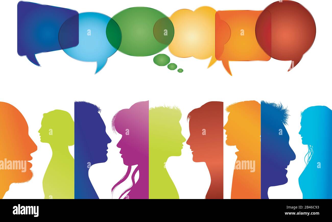 Group of isolated people in profile colored silhouette. Speech bubble ...