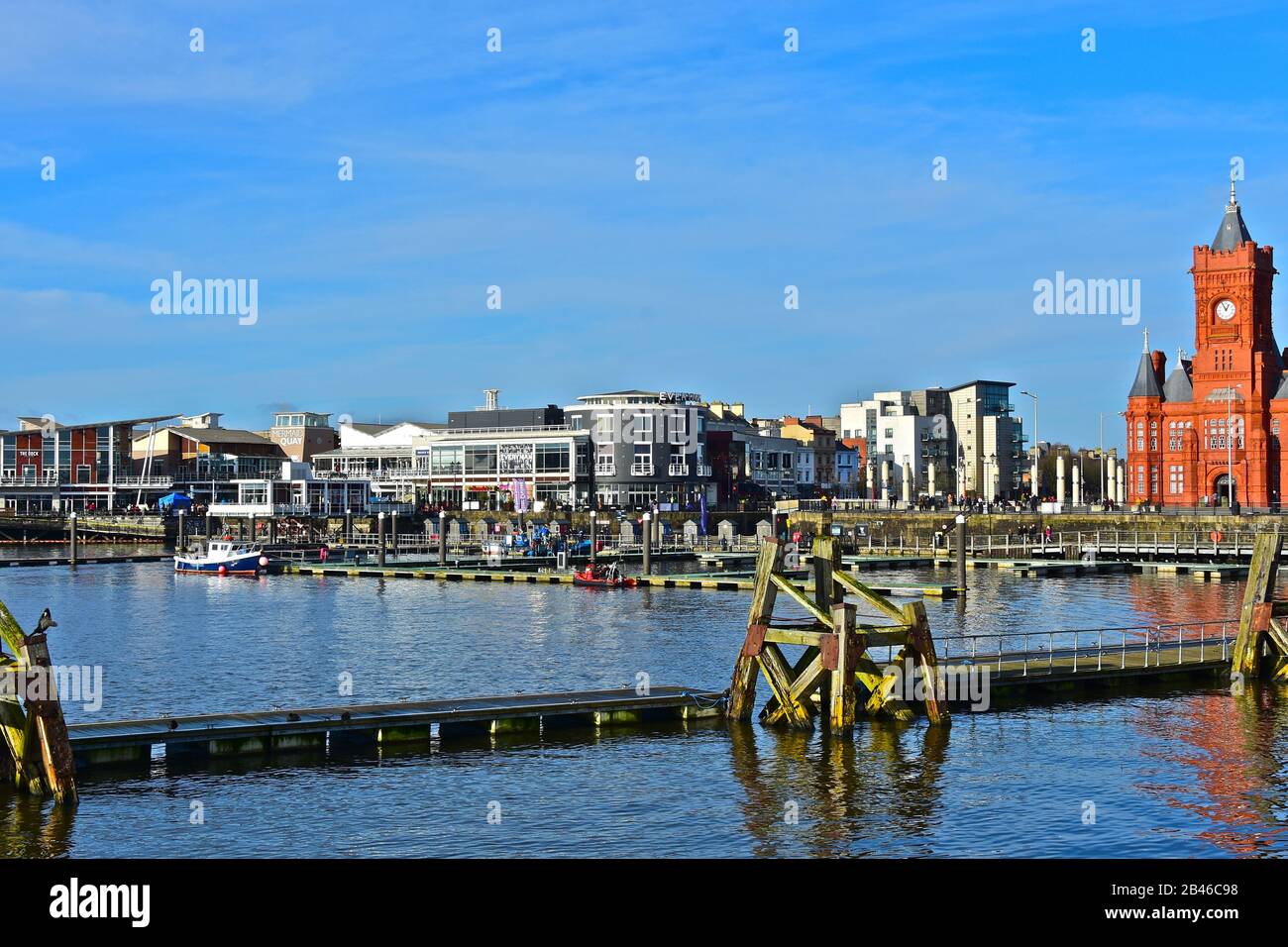 A view across Cardiff Bay towards Mermaid Quay development of shops ...