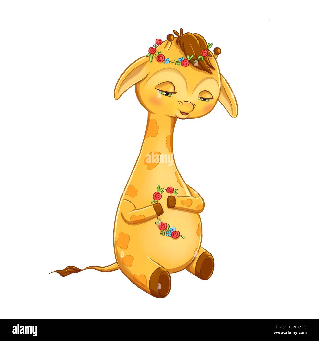 Sweet young giraffe character with flowers. Cartoony character ...