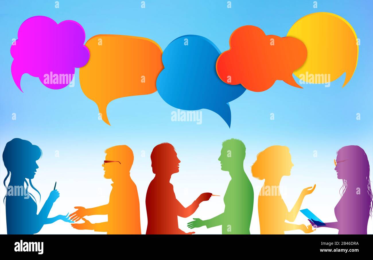 Speech bubble. Communication group of people. Colored clouds. Talk in ...