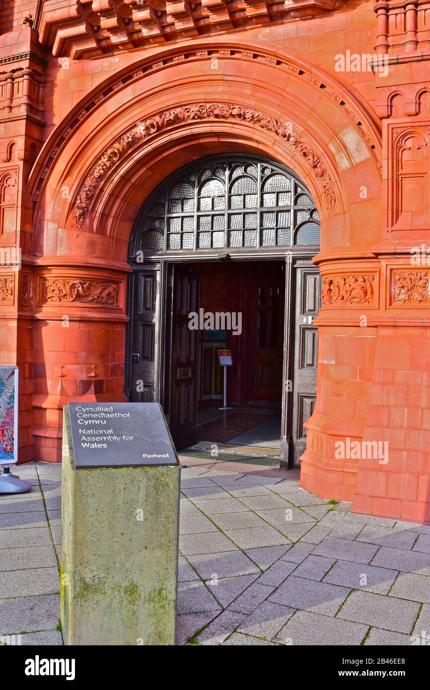 The ornately decorated entrance to the Pierhead Building in Cardiff Bay ...