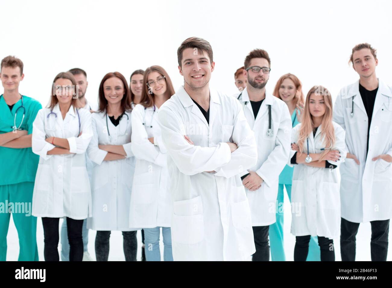 male doctor standing in front of a group of medical students Stock ...
