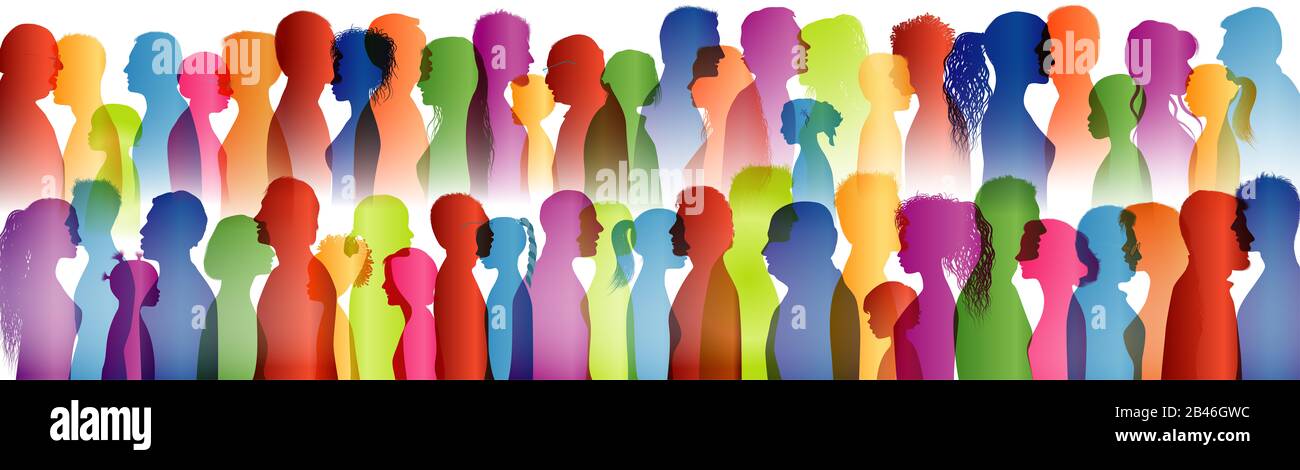 Dialogue between a large group of people. Talking crowd. Colored ...