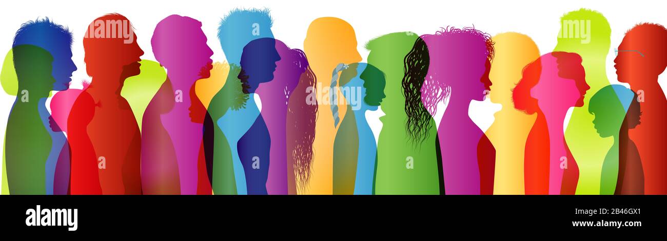 Multi-ethnic people. Dialogue between a large group of people. Talking ...