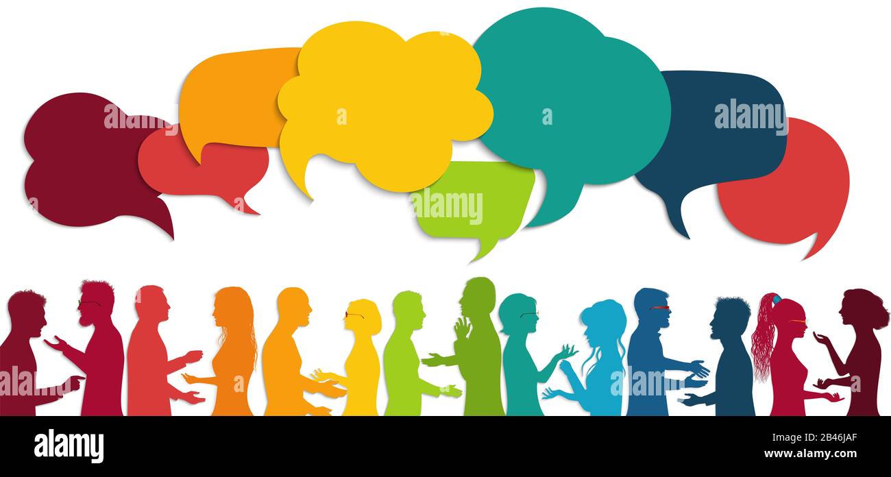 Communication group people. Speech bubble cloud. Talking crowd. Network ...