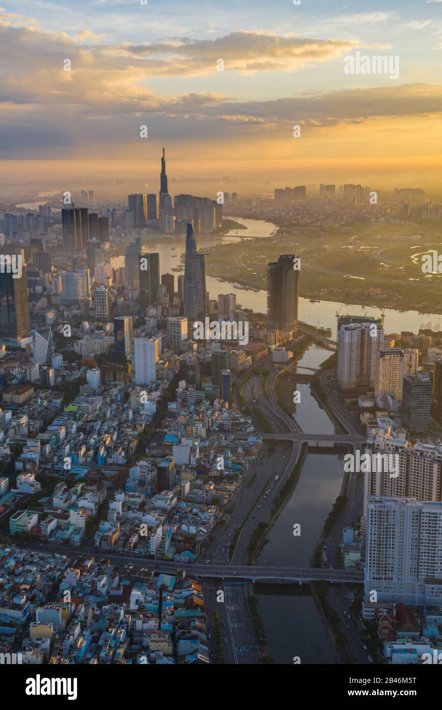 Aerial cityscape view of Saigon city with beautiful sunset, Vietnam ...