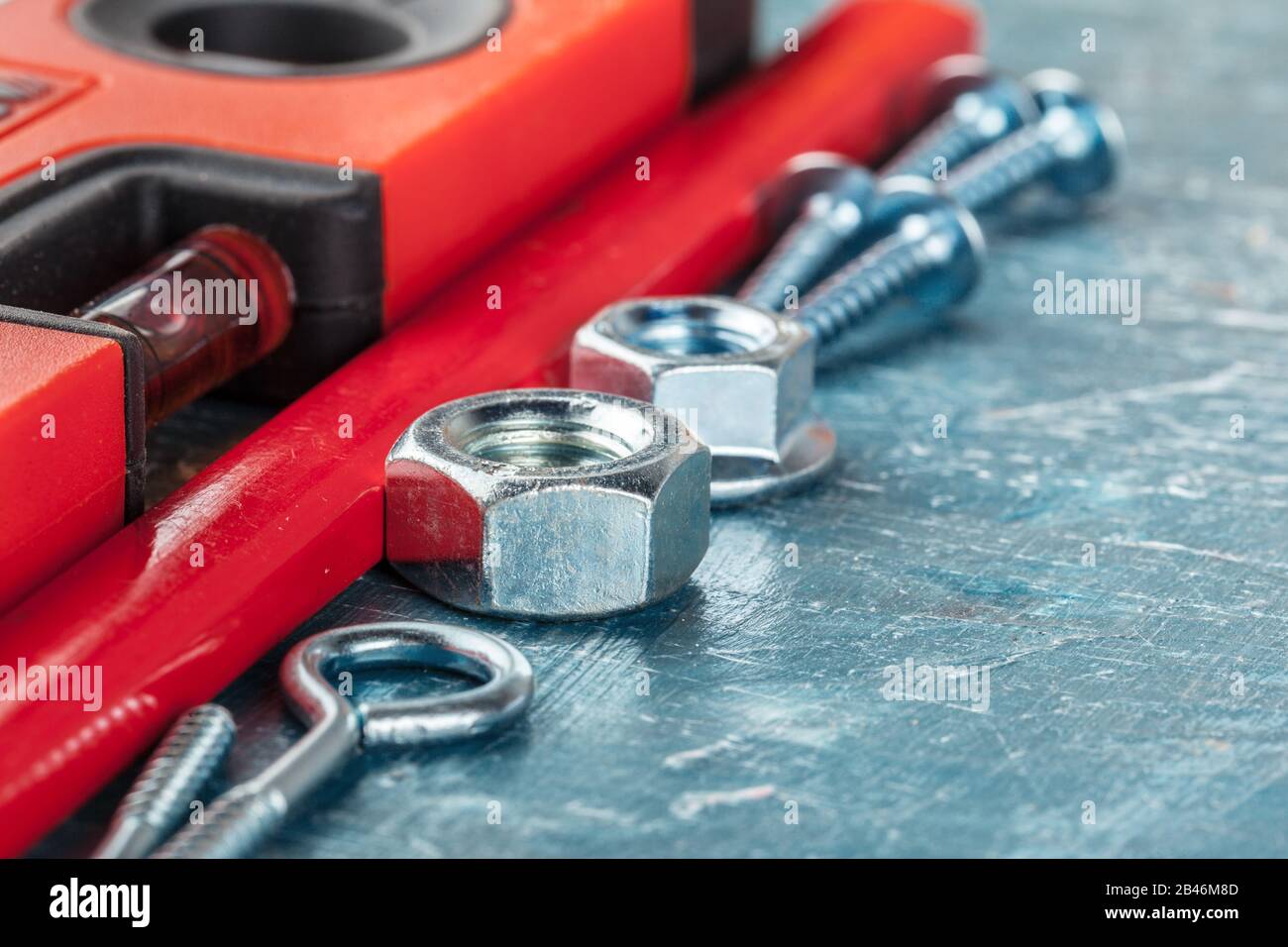 different construction tools on blue background. creative photo Stock ...