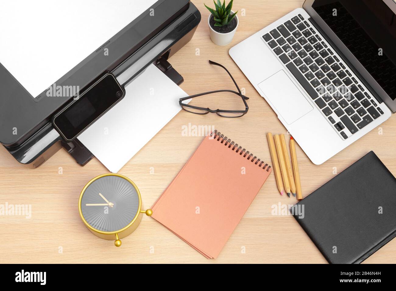 Printer and computer. Office table. Top view Stock Photo - Alamy