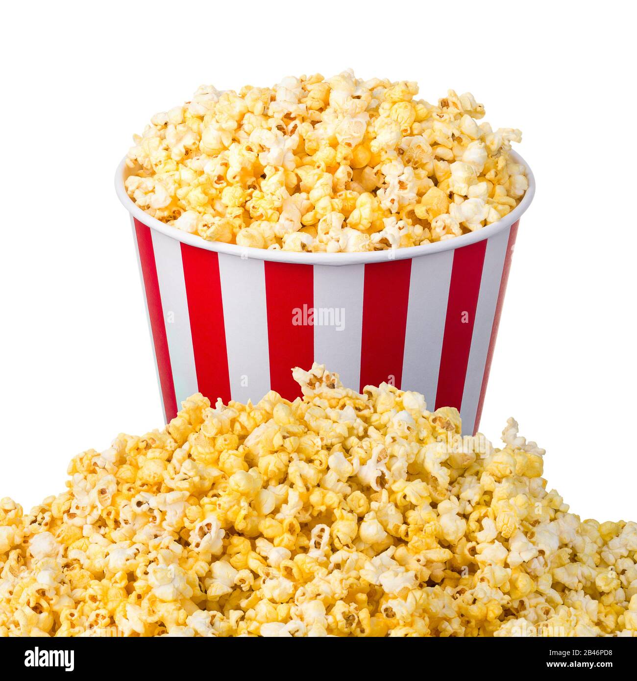Paper striped bucket on a heap of popcorn isolated on white background ...