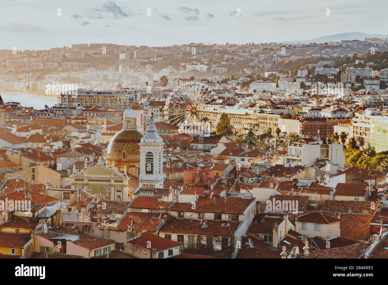 scenery panoramic aerial city scape view of Nice, France. red roofs ...