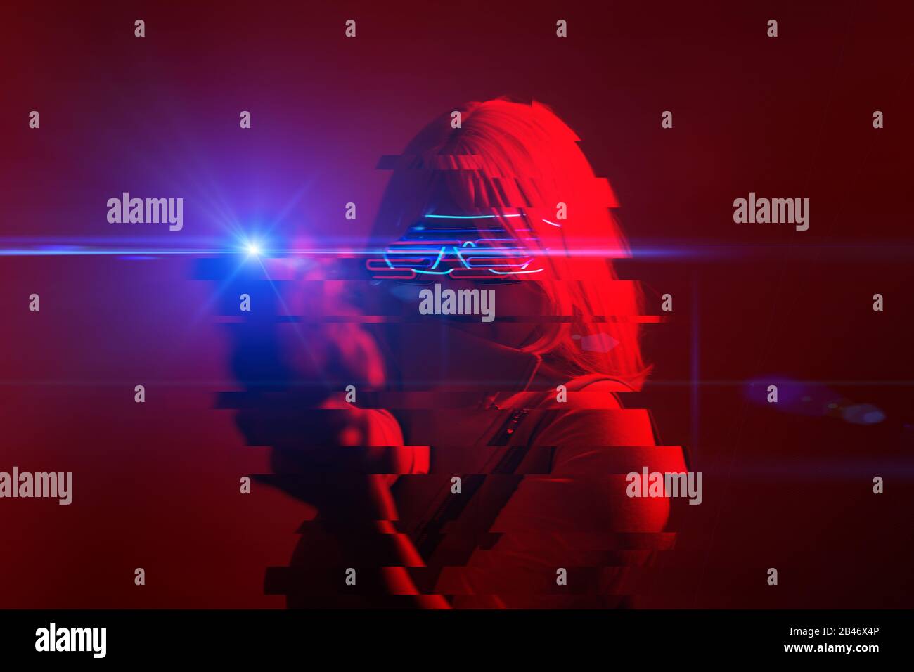 Girl with blaster in the futuristic battle. Concept virtual reality ...