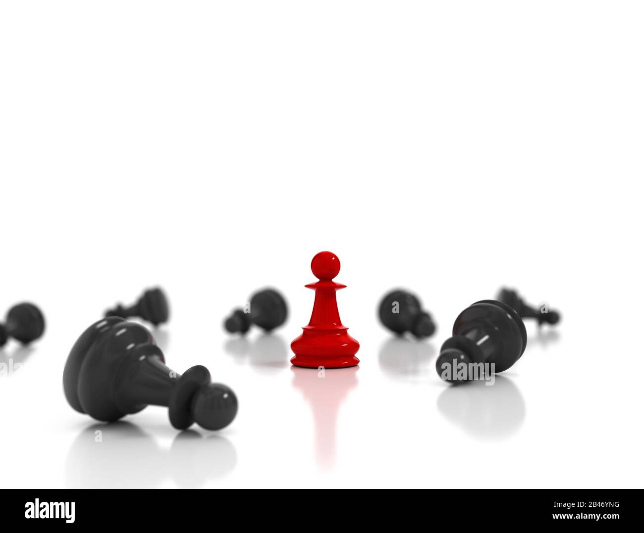 Single red pawn on a chess board surrounded by a number of fallen black ...