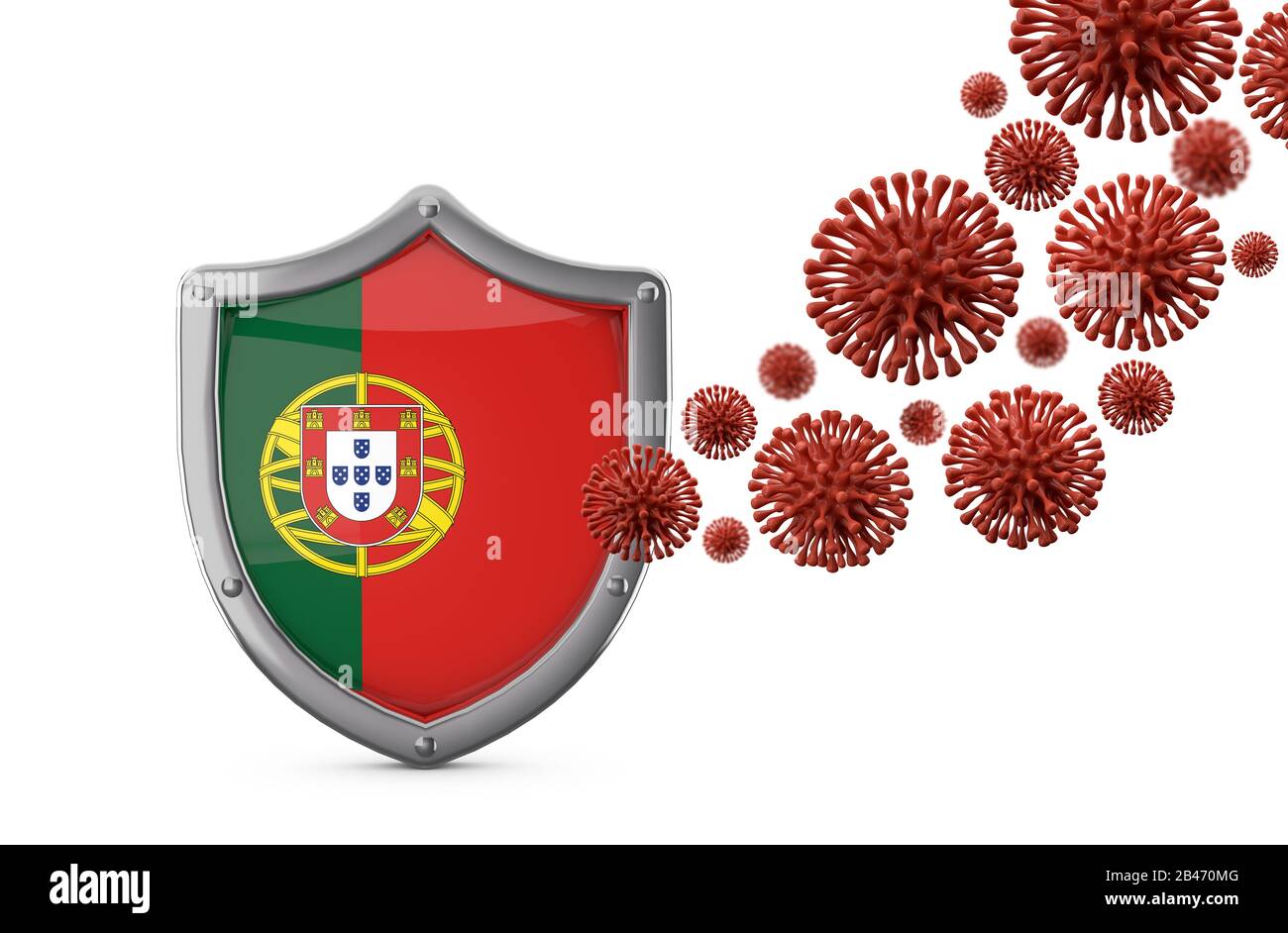 Portugal flag shield protection against a virus bacteria. 3D Render ...
