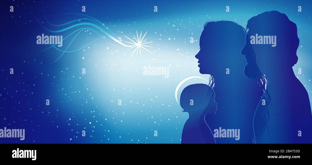 Modern Christmas nativity scene. Blue silhouette profiles with baby ...