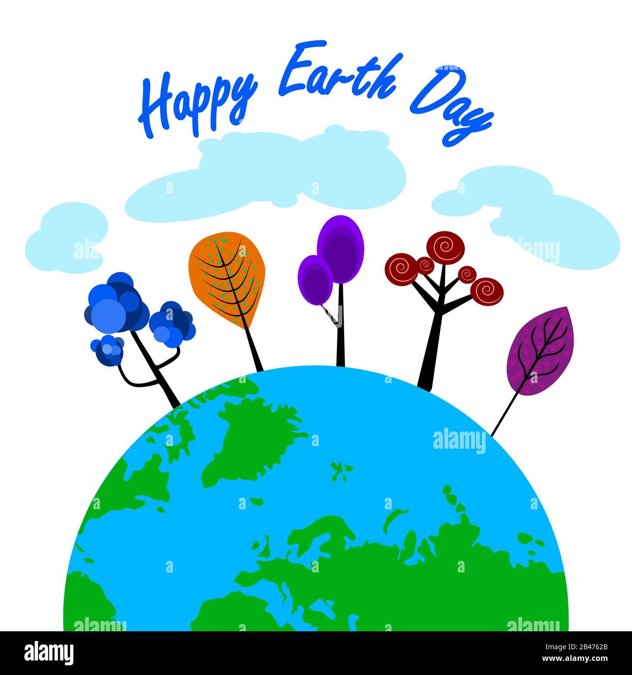 Decorative trees, earth planet, clouds and and simple text isolated on ...