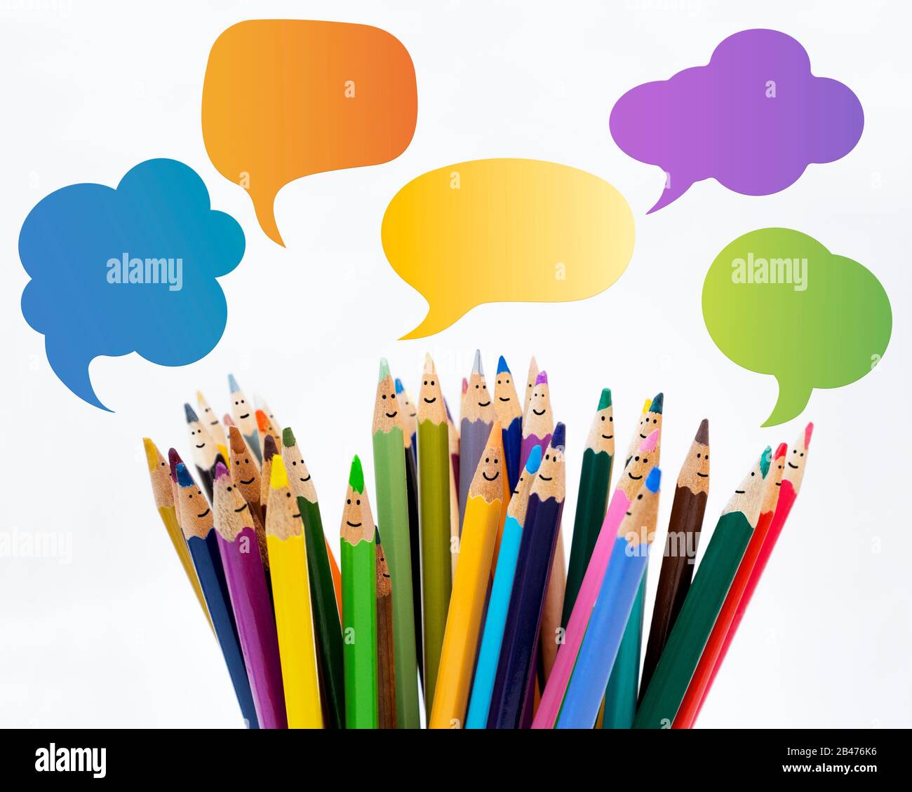 Colored pencils funny faces of people smiling.Dialogue group of people ...