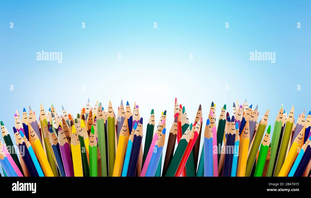 Colored pencils funny faces of people smiling.Dialogue group of people ...