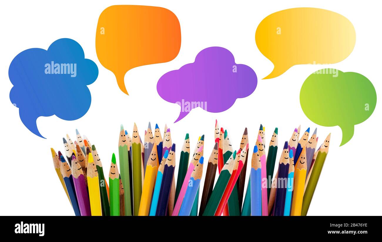 Colored pencils funny faces of people smiling. Dialogue group of people ...