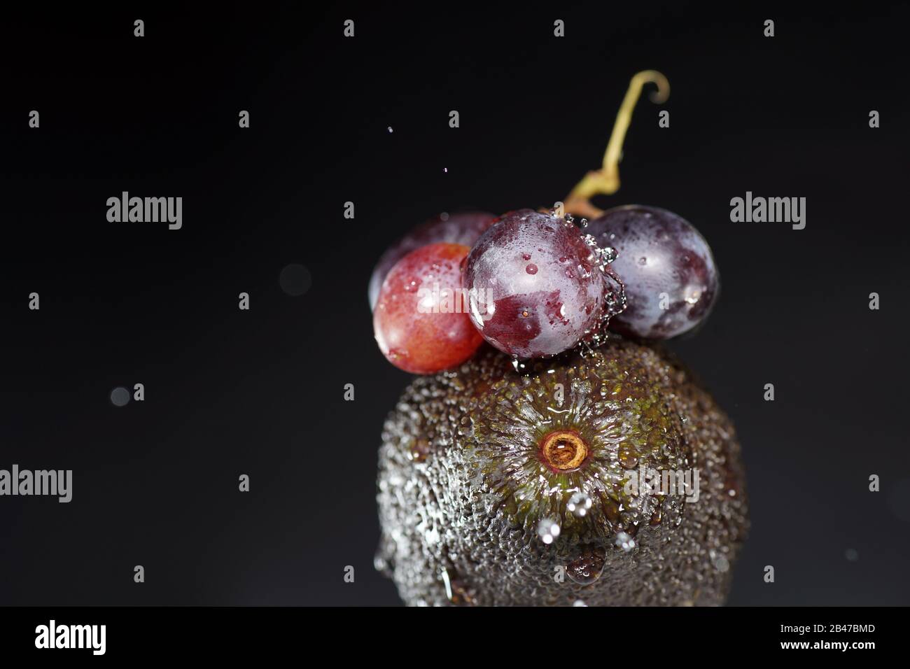 Bunches of grapes in ice water with colorful flashes photographed in ...