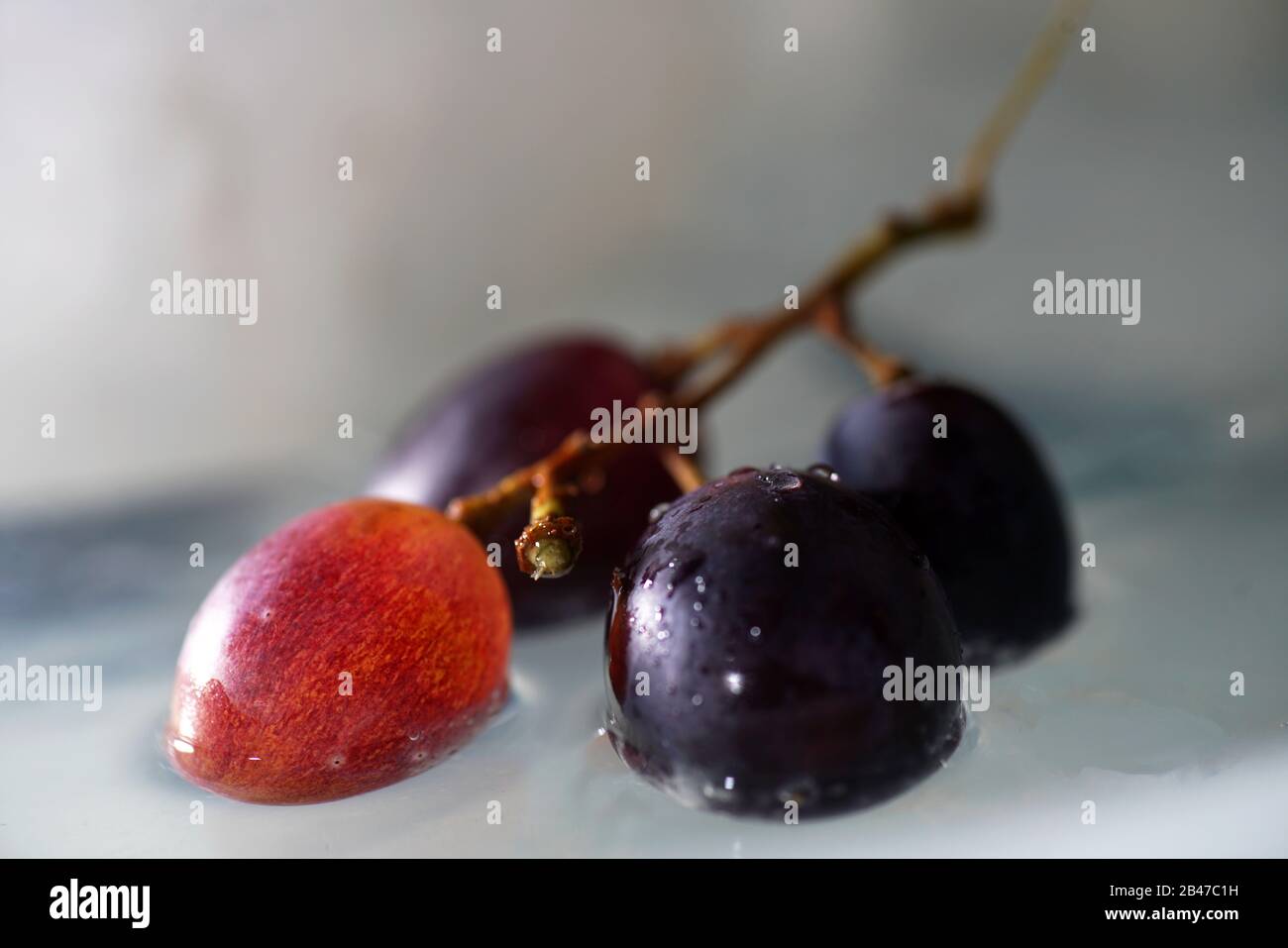Bunches of grapes in ice water with colorful flashes photographed in ...
