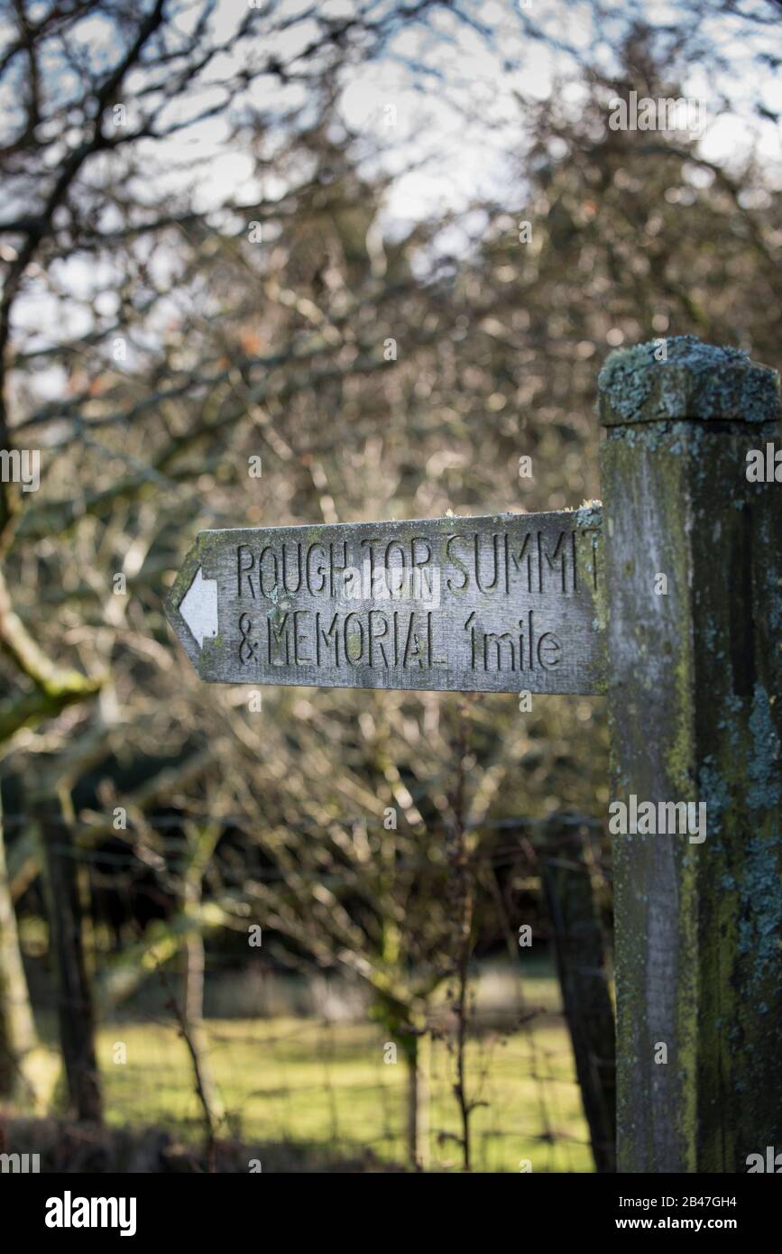 On Bodmin Moor a wooden sign giving direction to Rough Tor and the ...