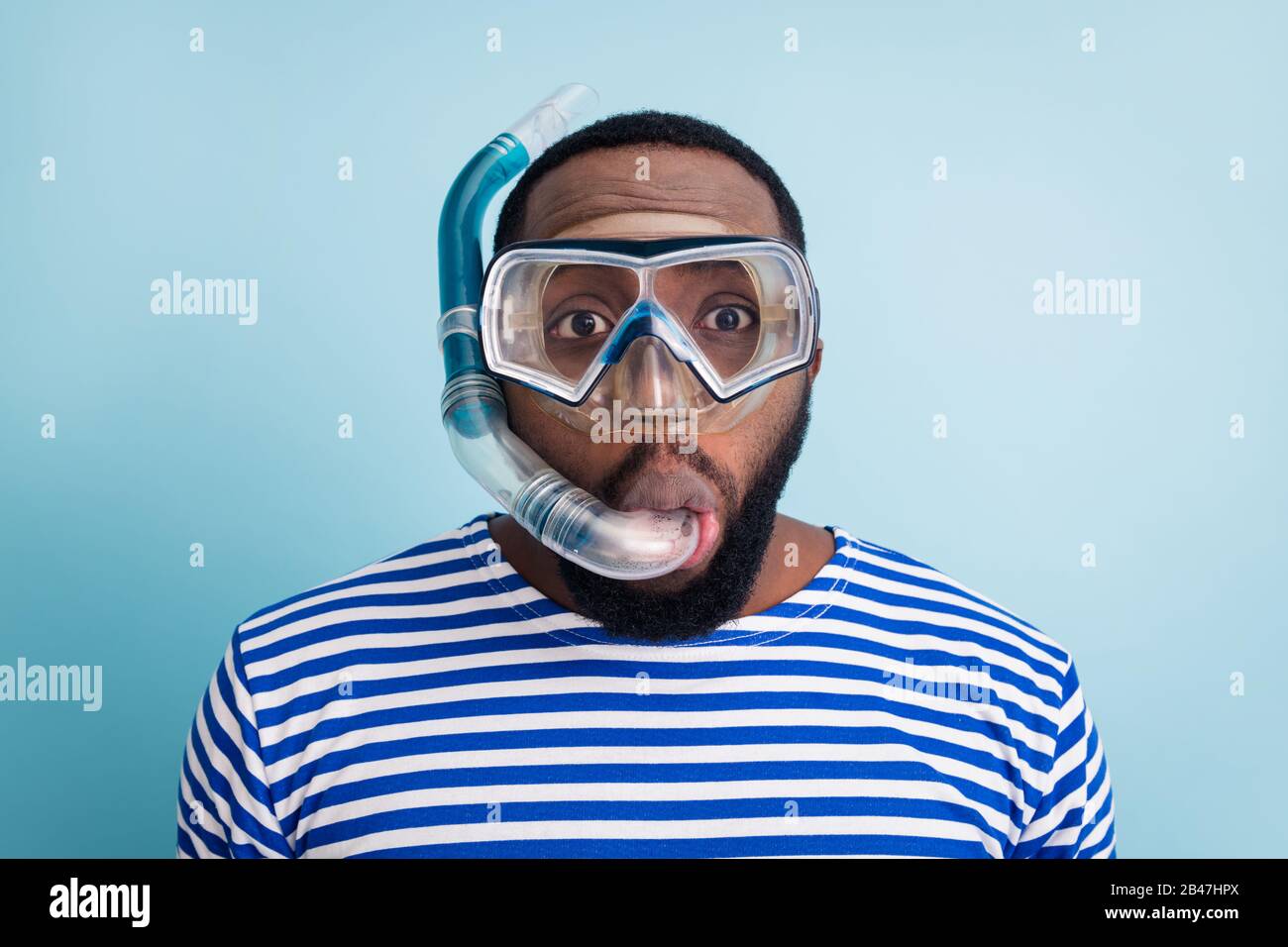 Closeup photo of funky handsome dark skin guy tourist diving underwater ...