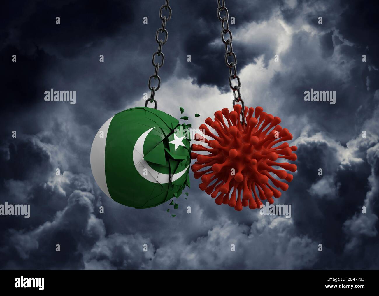 Pakistan ball smashes into a virus disease microbe. 3D Render Stock ...